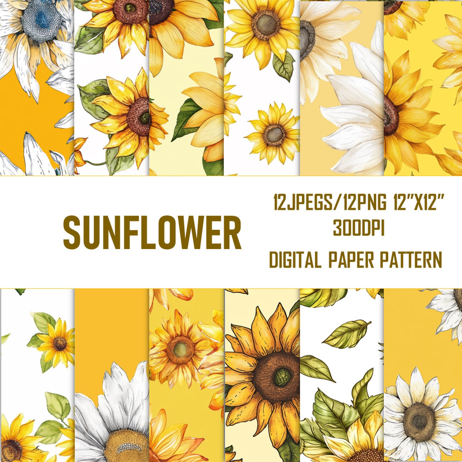 SUNFLOWER DIGITAL PAPER- Sunflower Seamless -floral Watercolor- Yellow ...