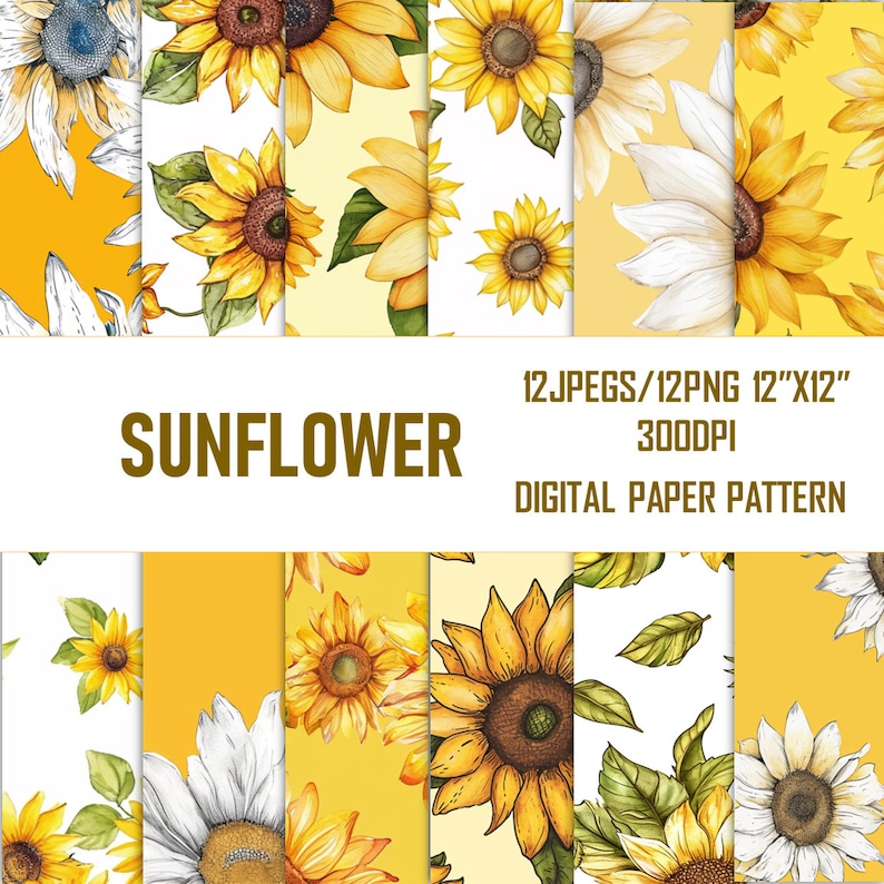SUNFLOWER DIGITAL PAPER Sunflower Seamless floral Watercolor Yellow ...