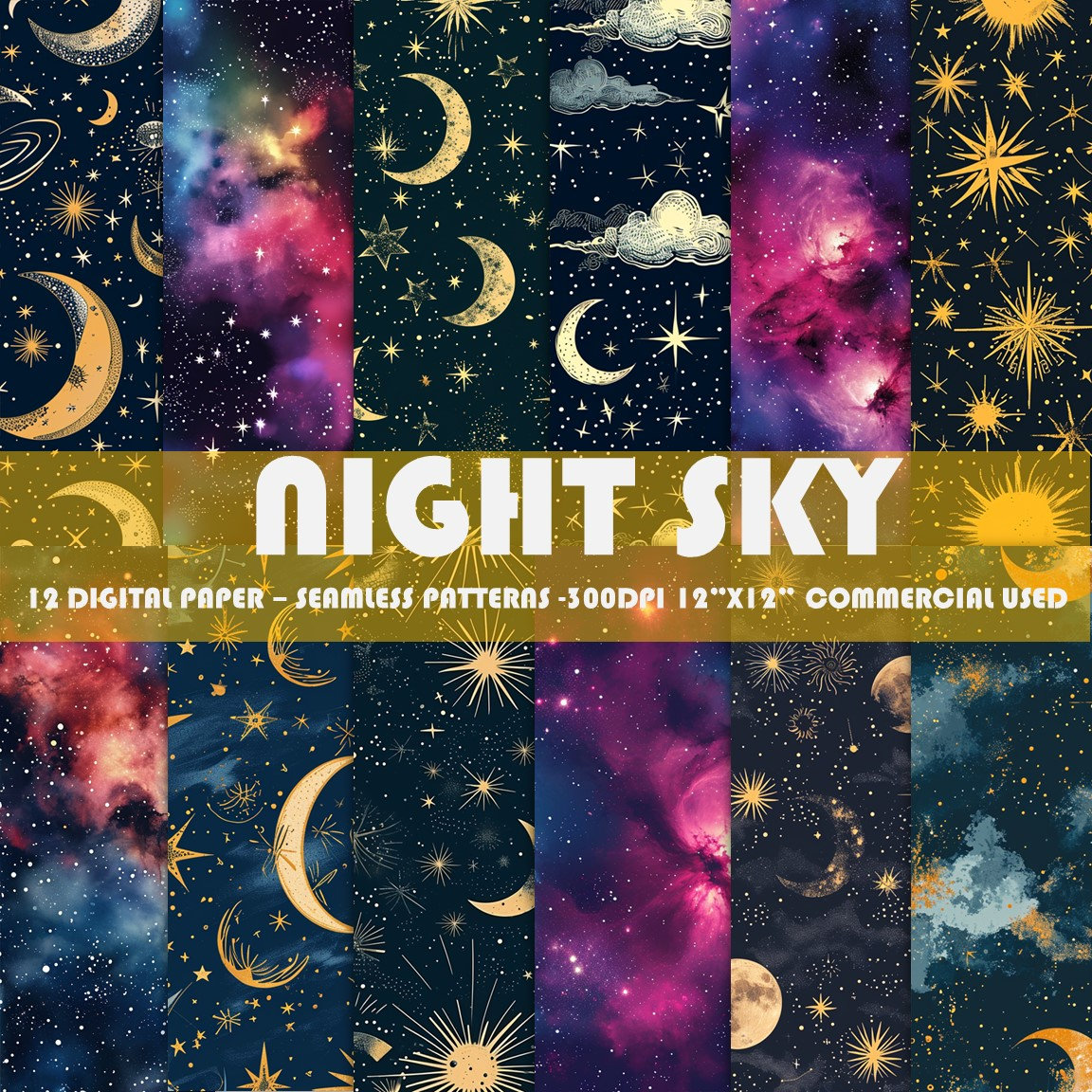 NIGHT SKY Digital Paper - Star, Galaxy, Crescent Moon - 12 PNG ...
