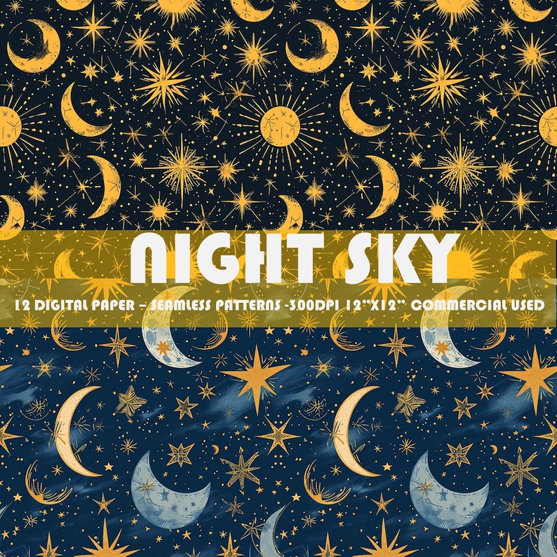NIGHT SKY Digital Paper - Star, Galaxy, Crescent Moon - 12 PNG ...