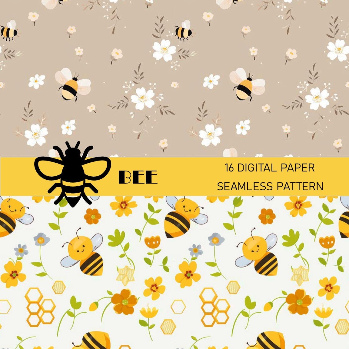 Bee Seamless Pattern Digital Paper Pack | Honeycomb & Floral Designs ...
