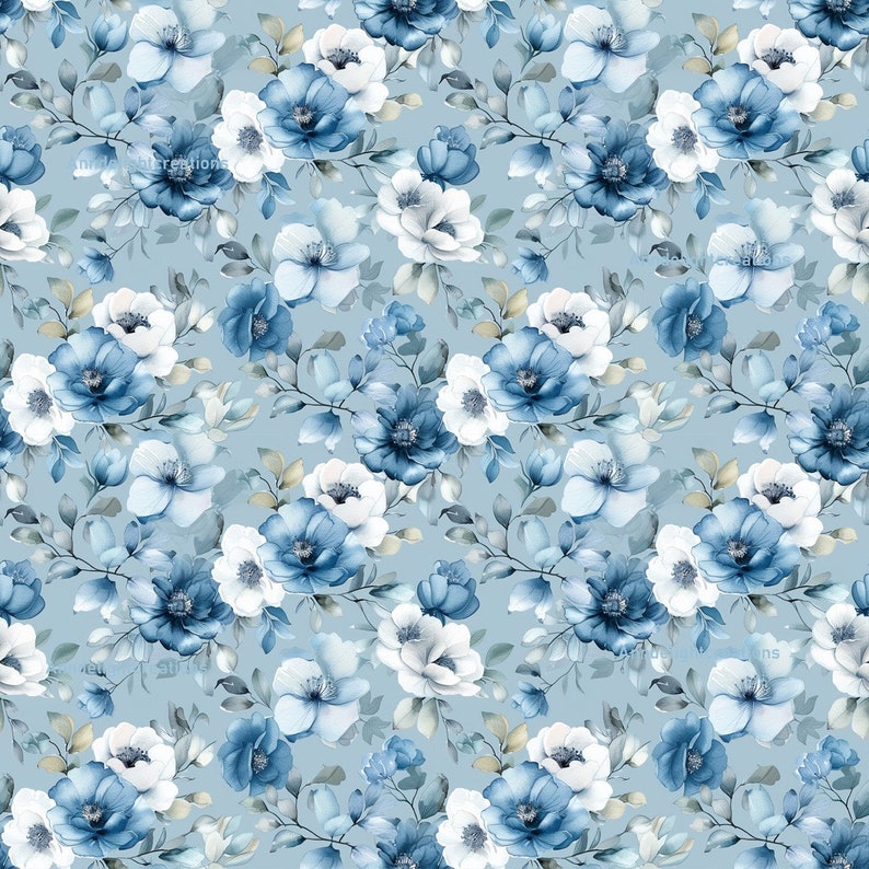 Blue Floral Digital Paper Digital Paper Pack 12 Jpegs/12png Instant ...