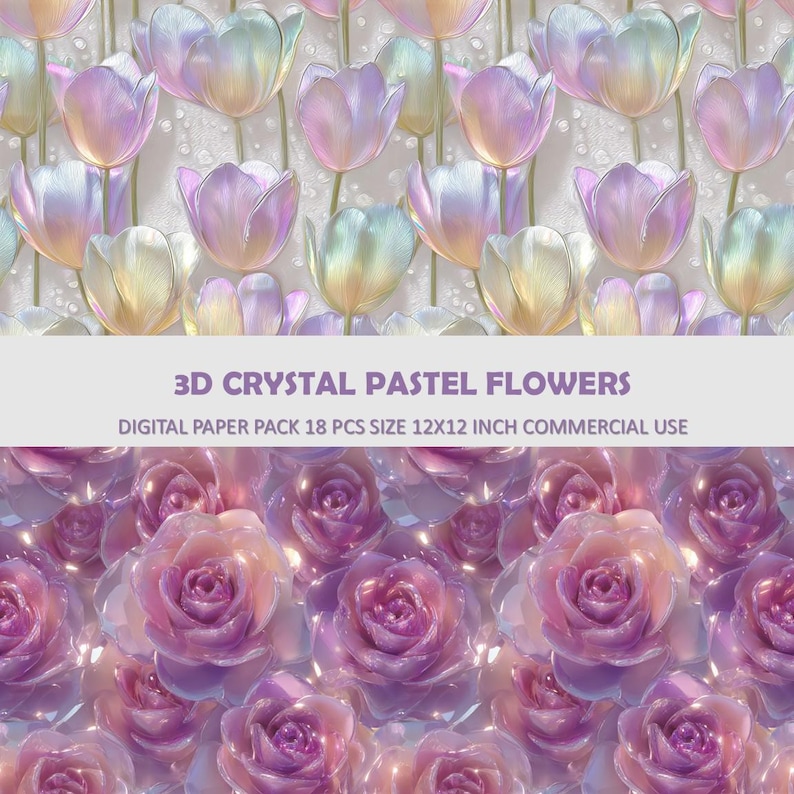 3D Crystal Pastel Flowers Digital Paper: Seamless Floral Pattern ...