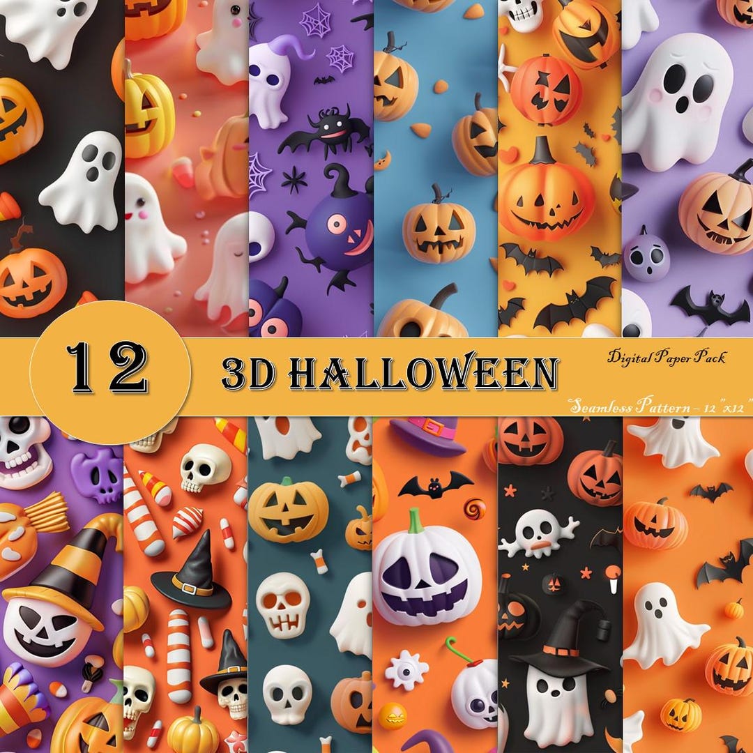 3D Halloween Digital Paper Pack: Spooky Seamless Patterns (12x12 Inch ...