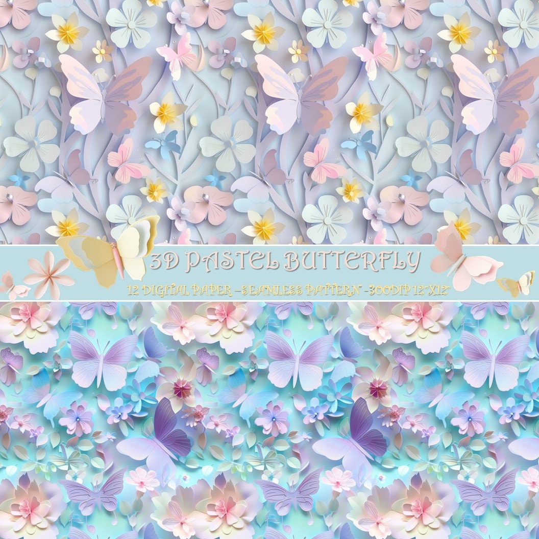 Digital Paper Pack: 3D Pastel Butterfly Seamless Patterns Instant ...