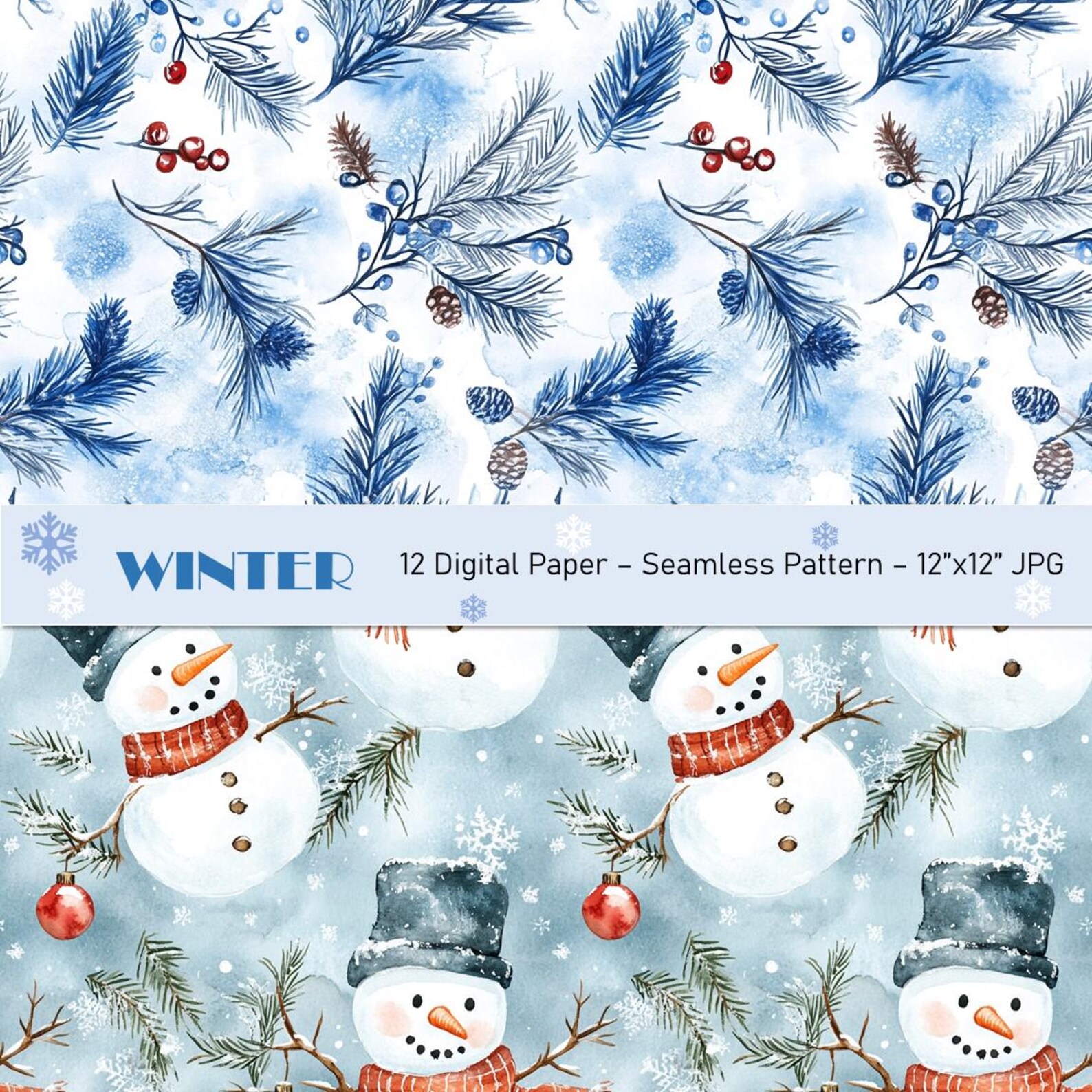 Watercolor Winter Digital Paper: Owl & Snowman Seamless Patterns ...