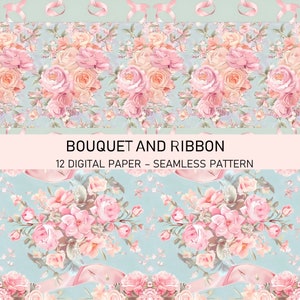 Bouquet and Ribbon- Digital Paper - Seamless Floral Patterns - Blush ...