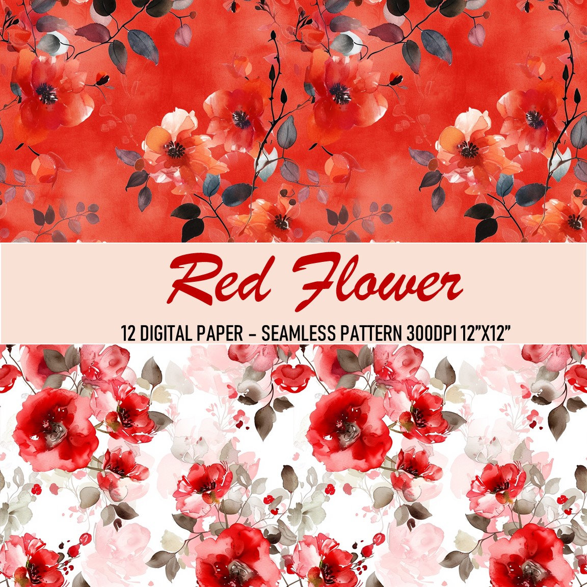RED FLOWER-12 Png/12 Jpegs Digital Paper Seamless Pattern Water Color ...