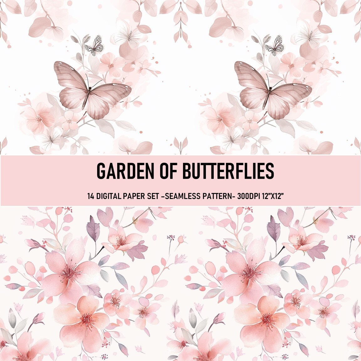 Butterfly Garden Digital Paper Pack: Seamless Watercolor Patterns ...