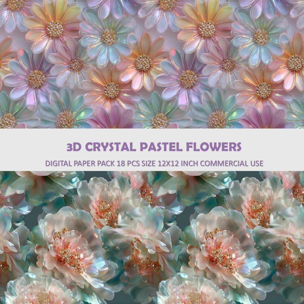 3D Crystal Pastel Flowers Digital Paper: Seamless Floral Pattern ...
