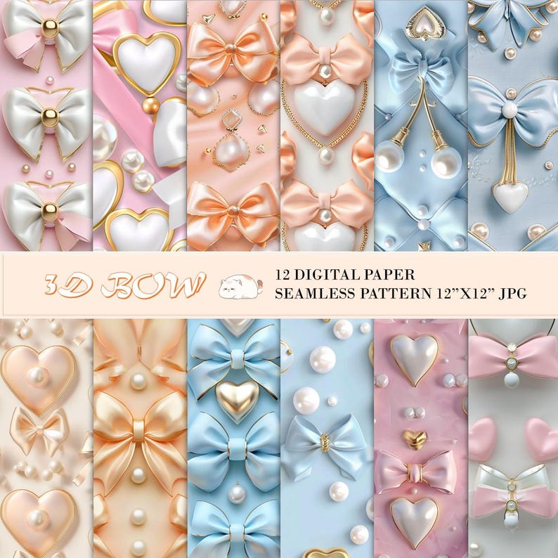 3D Bow Digital Paper Pack - Seamless Pattern 3 Pastel Color - Peach ...