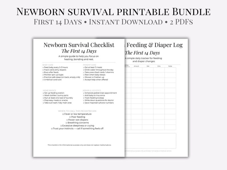 Newborn Survival Checklist & Feeding Log | First 14 Days Printable Baby ...