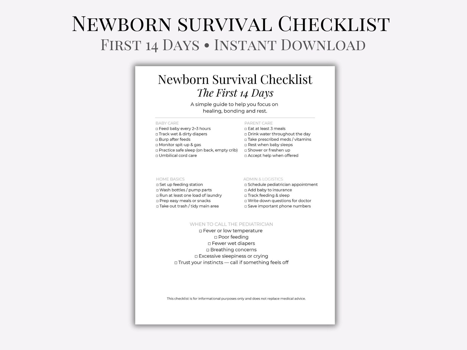 Newborn Survival Checklist | First 14 Days Printable for New Parents - Etsy