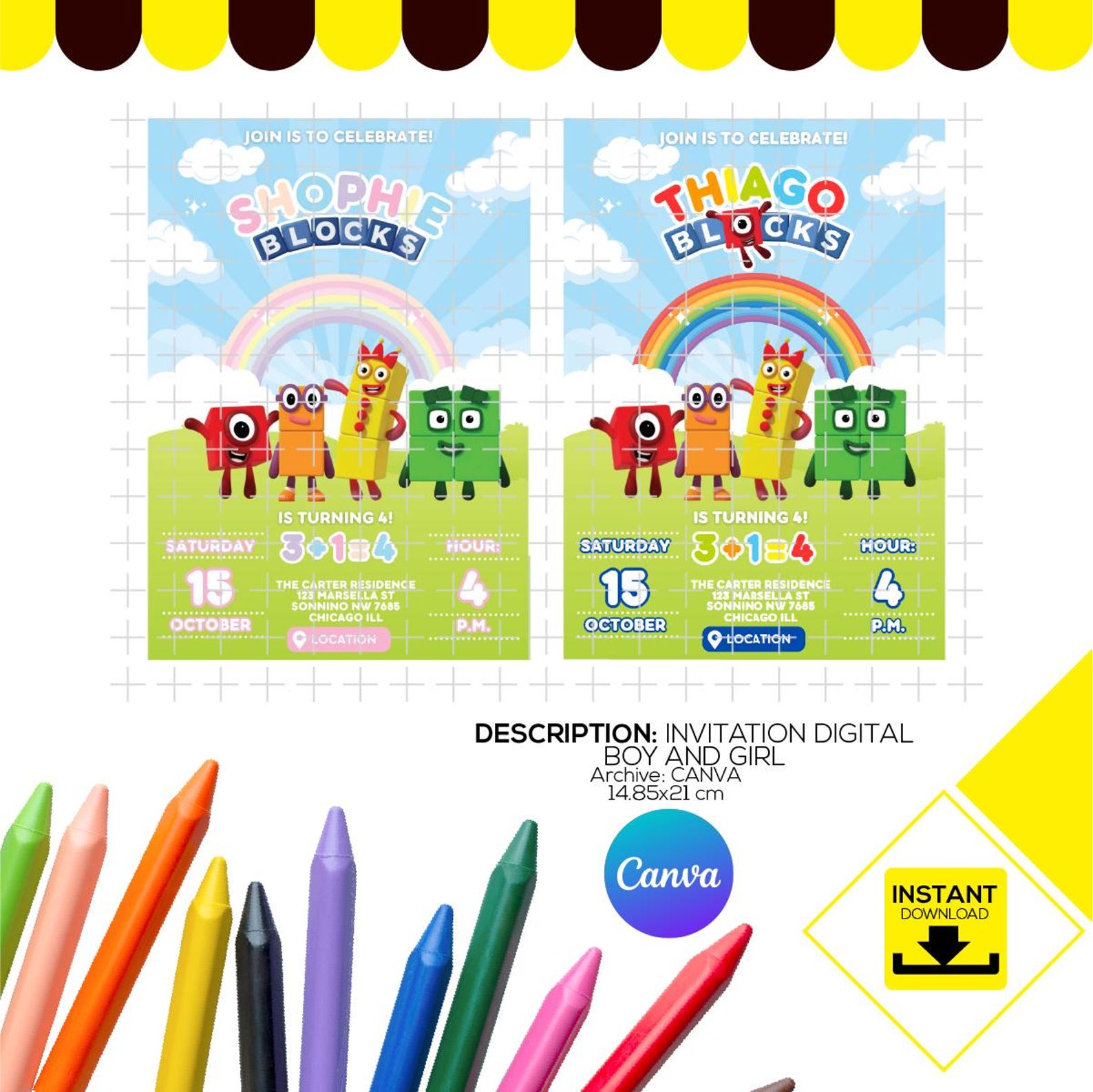 Numberblocks Birthday Invitation, Digital Canva Edit, Boy Girl ...