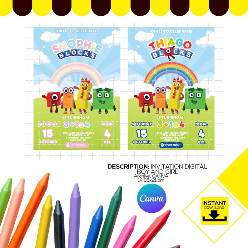 Numberblocks Birthday Invitation, Digital Canva Edit, Boy Girl ...