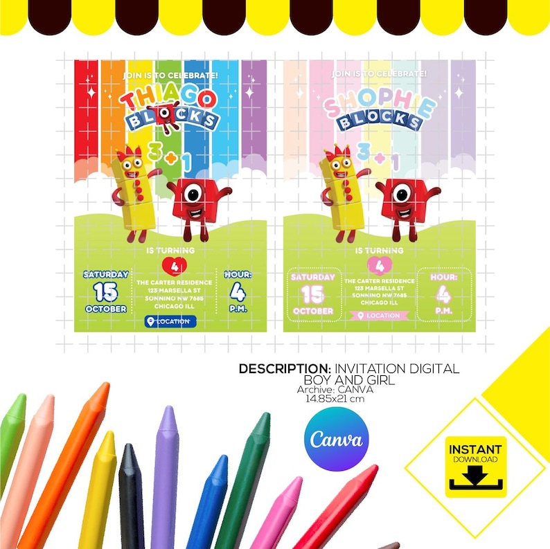 Numberblocks Birthday Invitation, Digital Canva Edit, Boy Girl ...