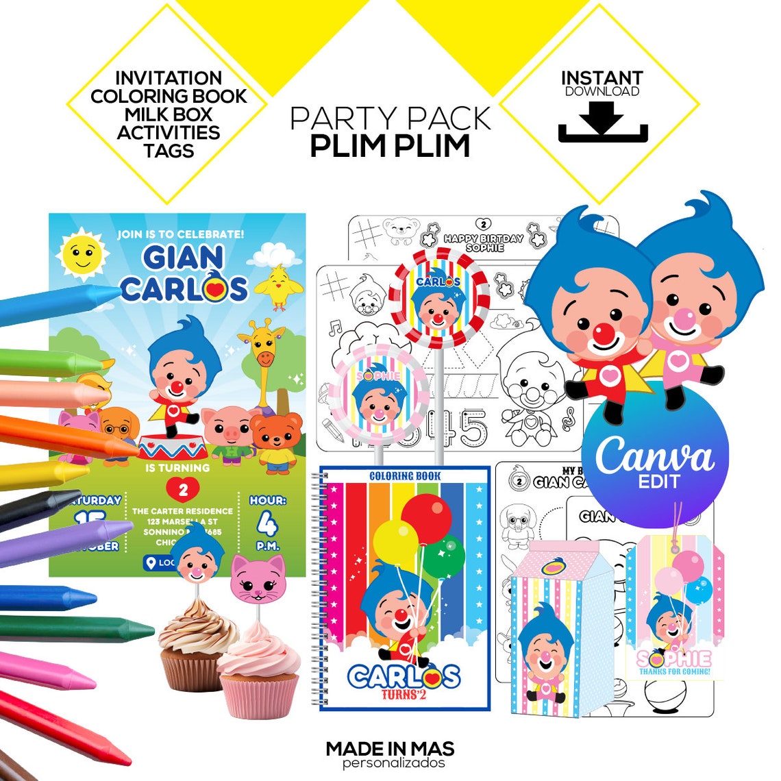 Plim Plim Pack Invitation Coloring Tag Activity Placemat Milkbox Topper ...