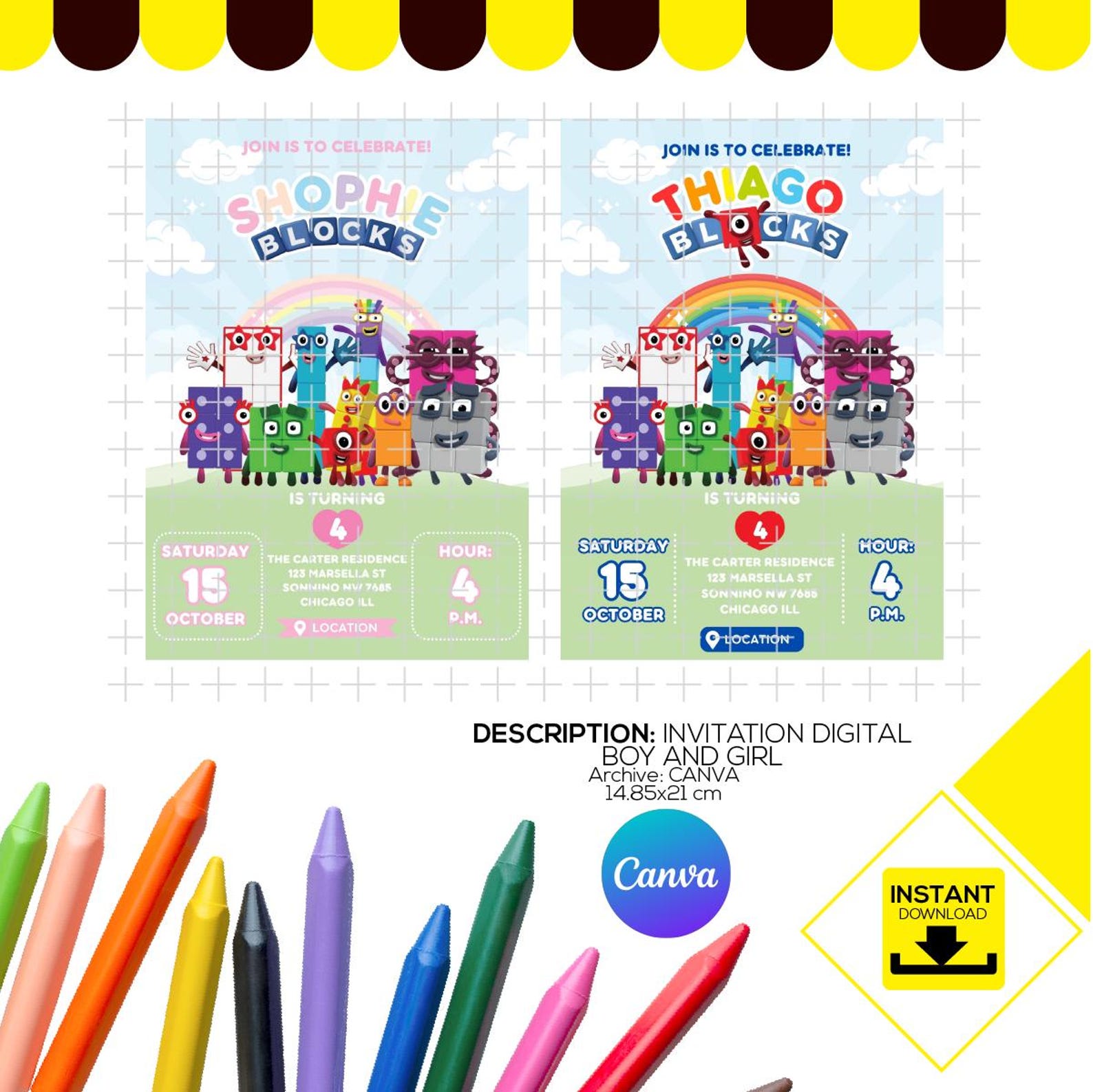 Numberblocks Birthday Invitation, Digital Canva Edit, Boy Girl ...