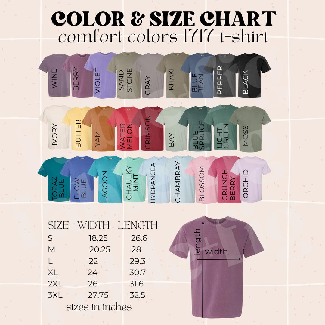 Color and Size Chart for Comfort Colors 1717 Tshirt Mock Shop for POD ...