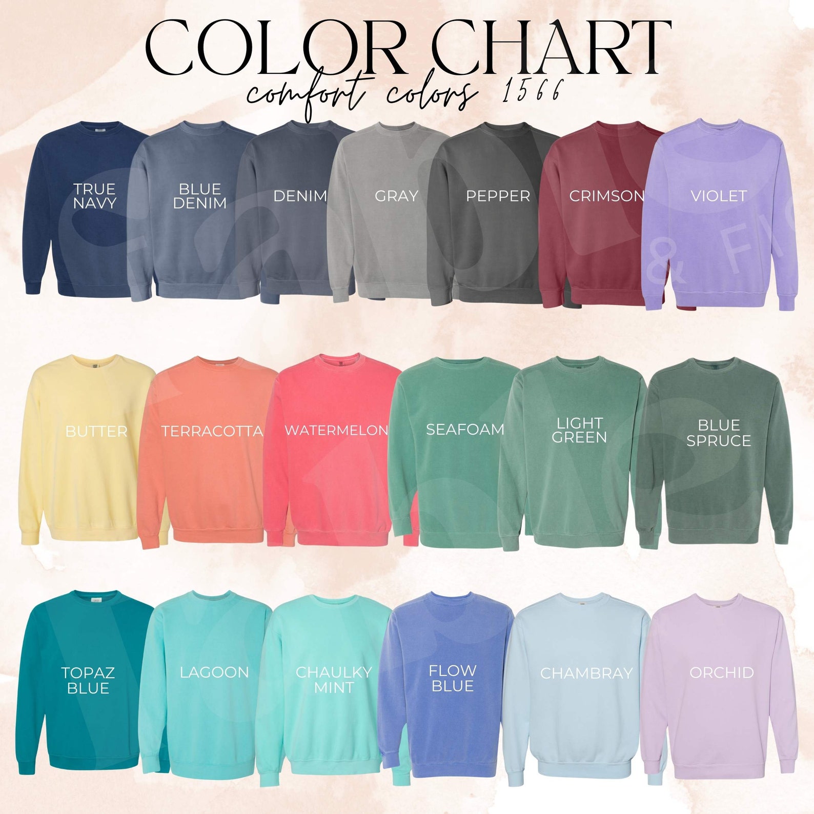Color Chart for Comfort Colors 1566 Crewneck Sweatshirt for Women, Mock ...