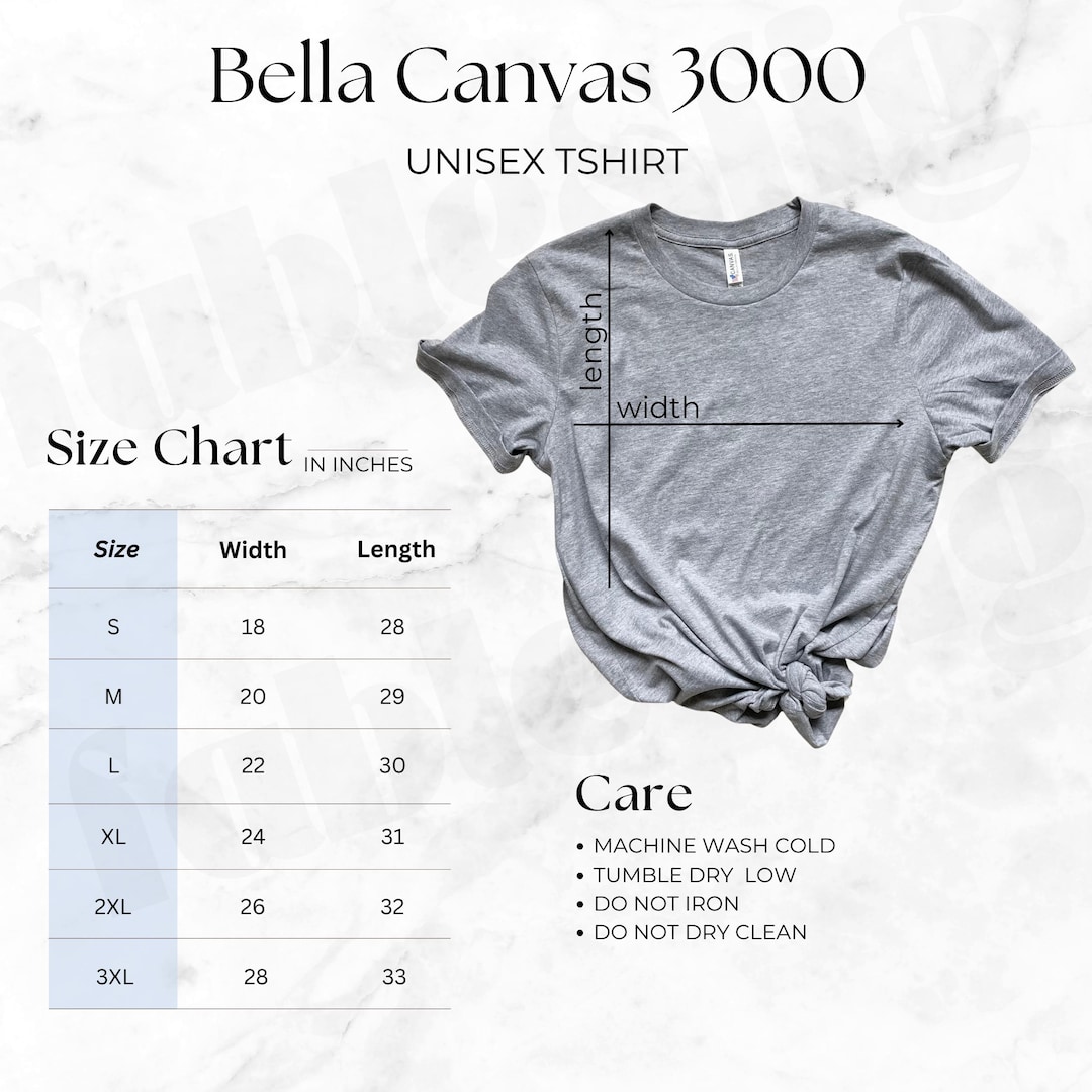 BC3001 Simple Aesthetic Size Chart, Bella and Canvas Unisex Tshirt Real ...