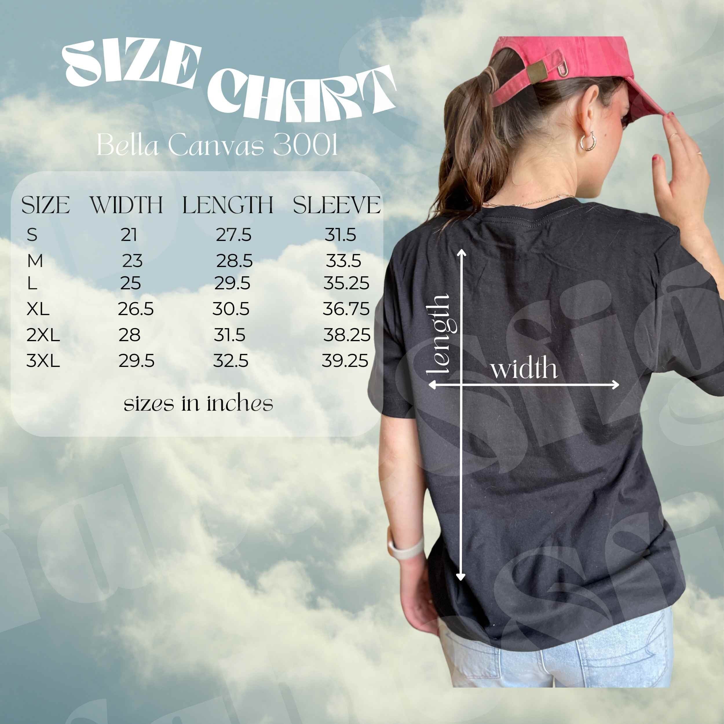 Bella Canvas 3001 Size Chart, Aesthetic Bella Canvas Size Chart for POD ...