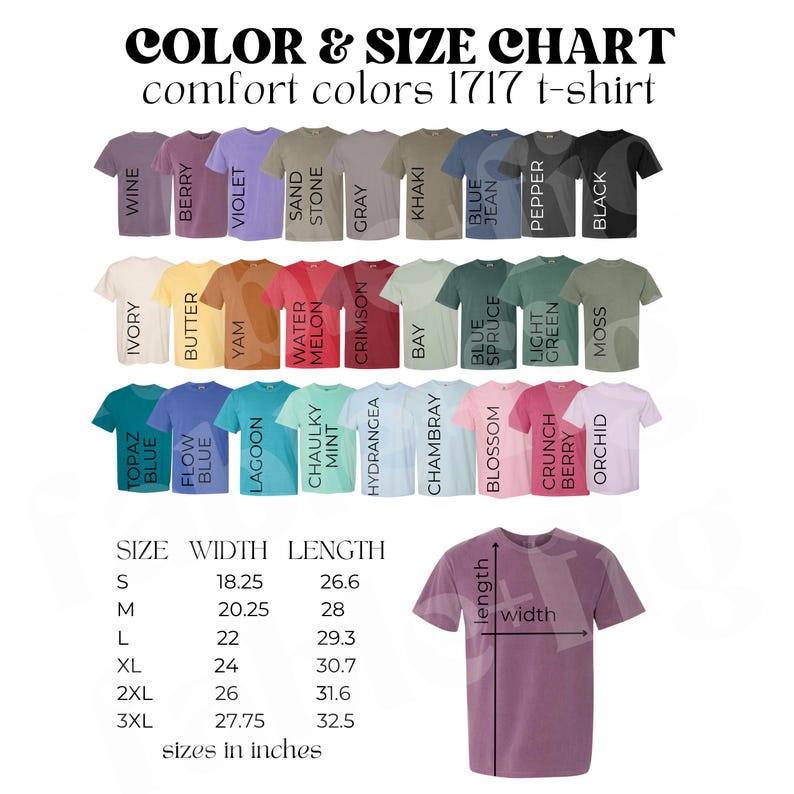Color and Size Chart for Comfort Colors 1717 Tshirt Mock Shop for POD ...