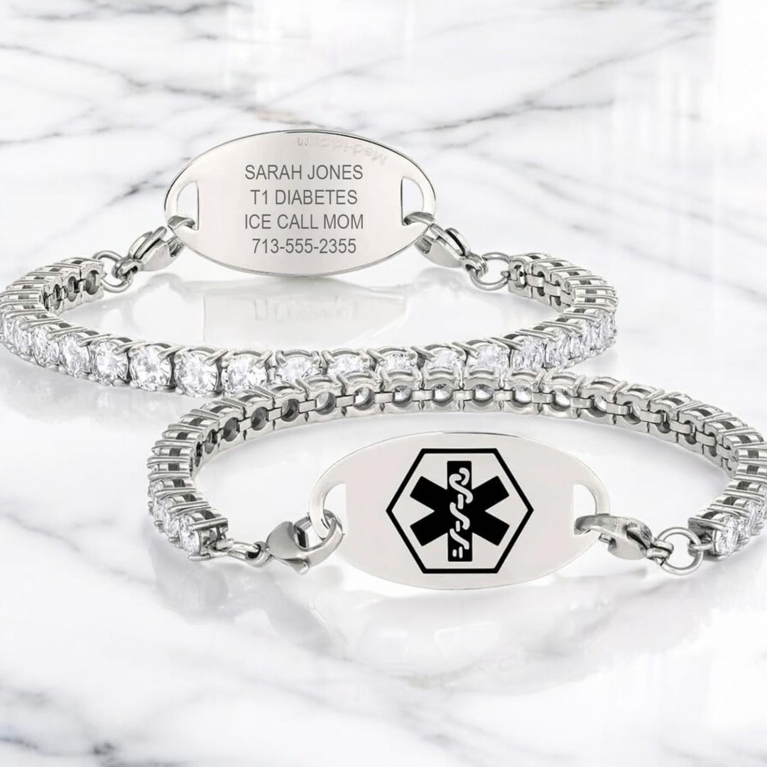 Custom Engraved Medical Alert Bracelet: Stainless Steel Cubic Zirconia ...