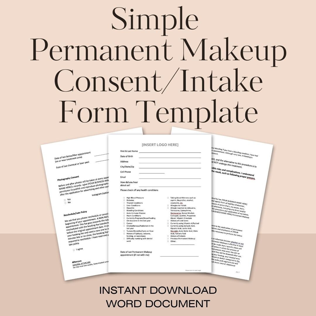 Permanent Makeup Intake / Consent Form Template With Aftercare - Easy ...