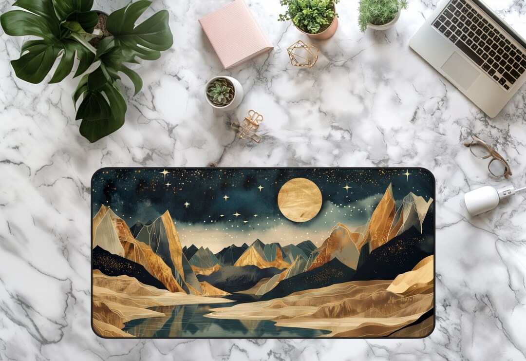 Aesthetic Abstract Gold Mountain Desk Mat, Full Moon Large Desk Mat for ...