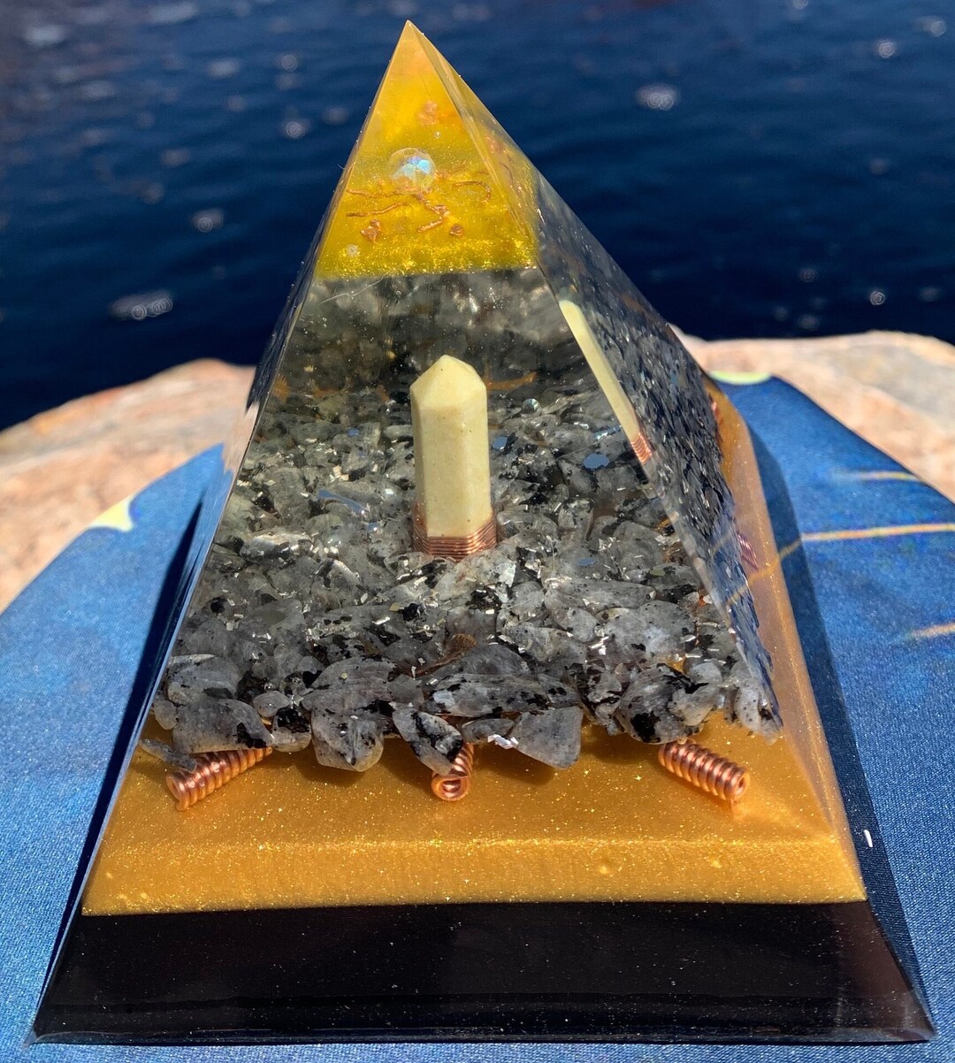 Orgone Pyramid, Handcrafted 4”x4” Base, Yellow Chalcedony Tower With ...