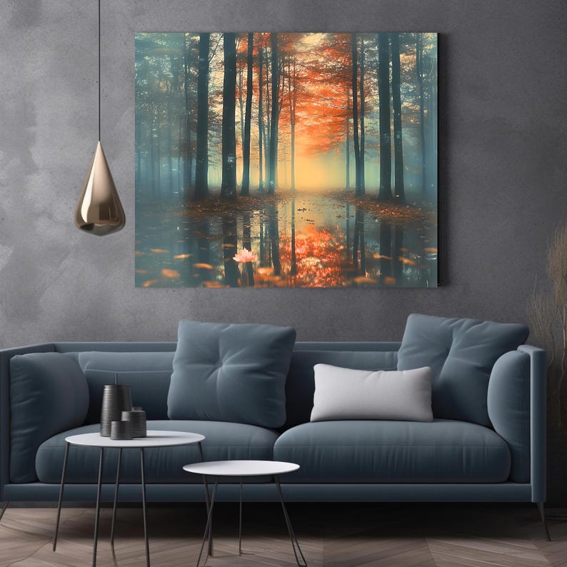 Serene Autumn Forest Poster Wall Art Fall Trees Sunset Poster Picture ...
