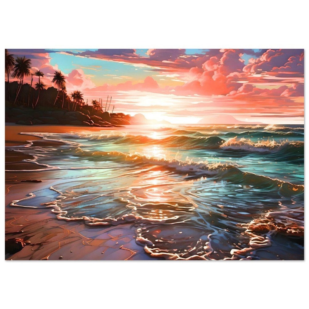 Sunset at Beach Poster Wall Art Sunsetting on the Waves Picture Coastal ...