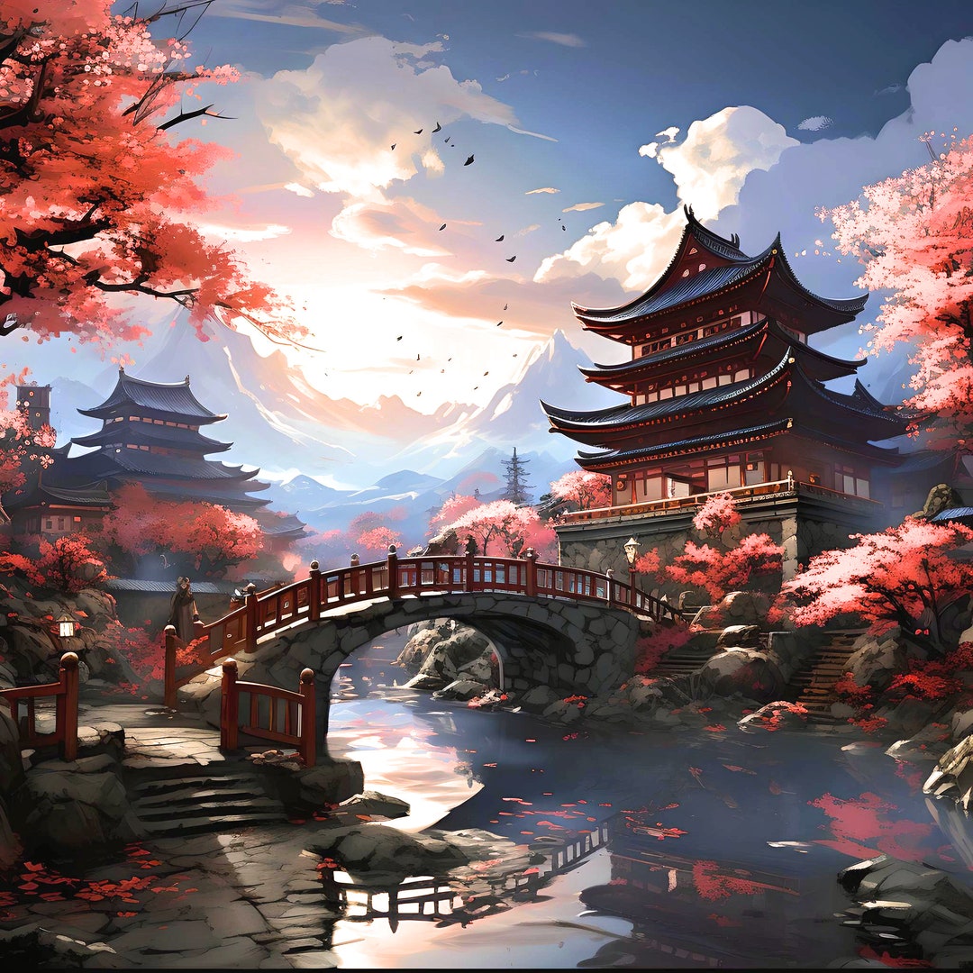 Japanese Temples and Bridge Poster Wall Art Japan Temple Picture - Etsy