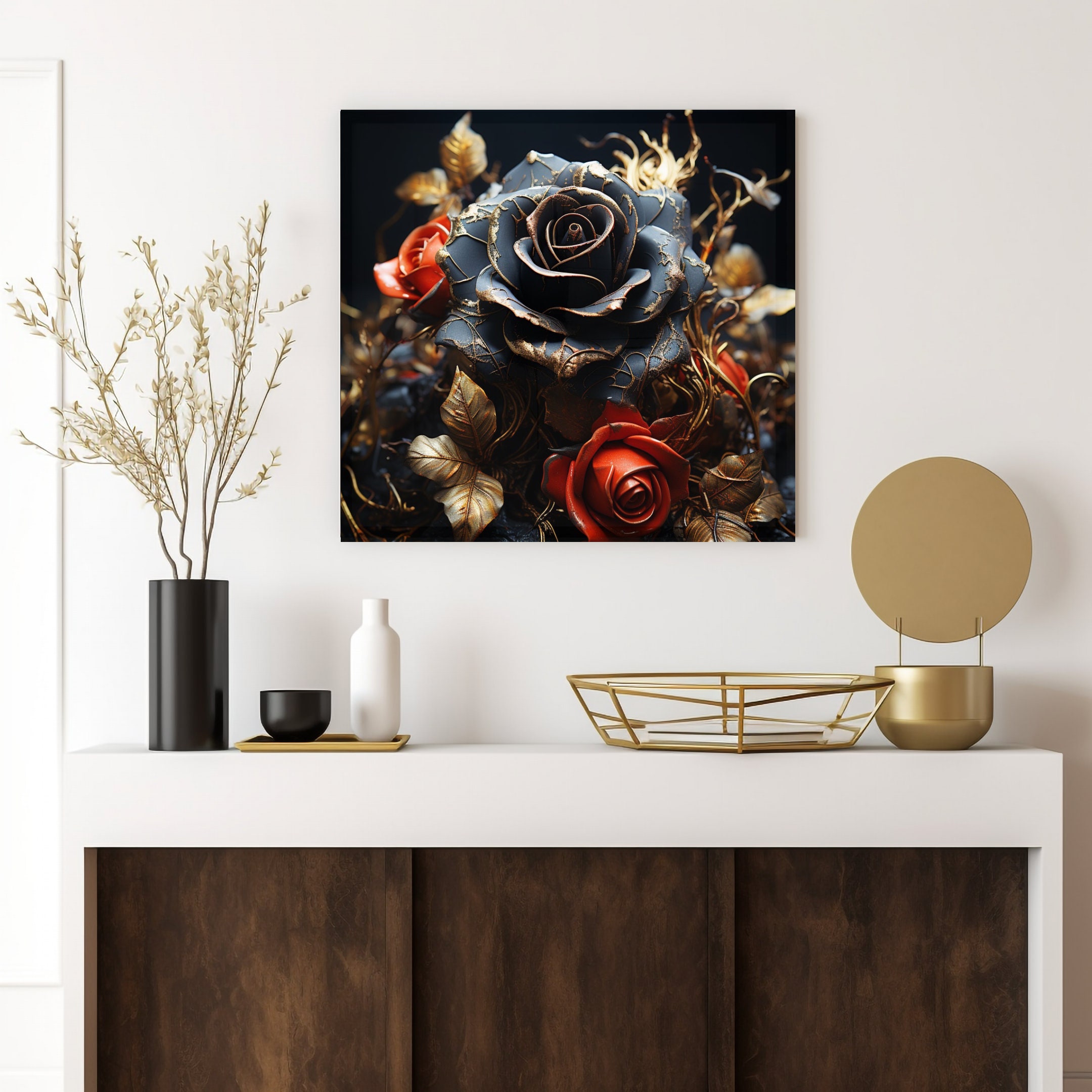 Black Rose Poster Wall Art Black and Gold Rose Picture - Etsy