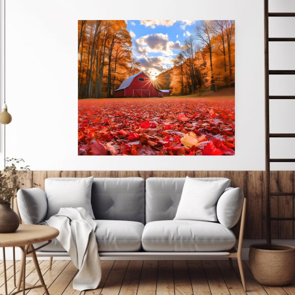 Rural America Red Barn Poster Wall Art Fall in Forest Leaves and ...