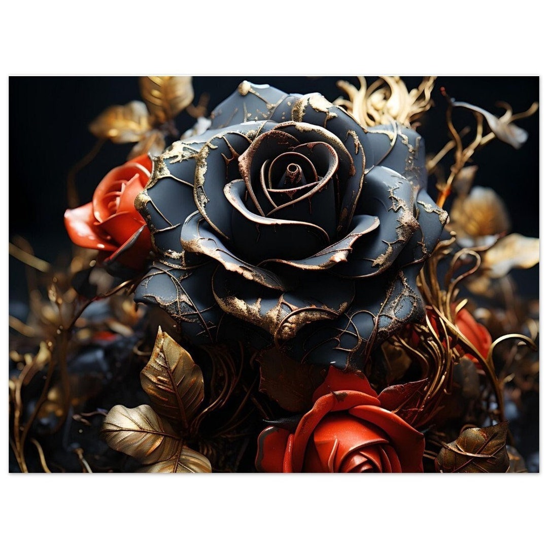 Black Rose Poster Wall Art Black and Gold Rose Picture - Etsy