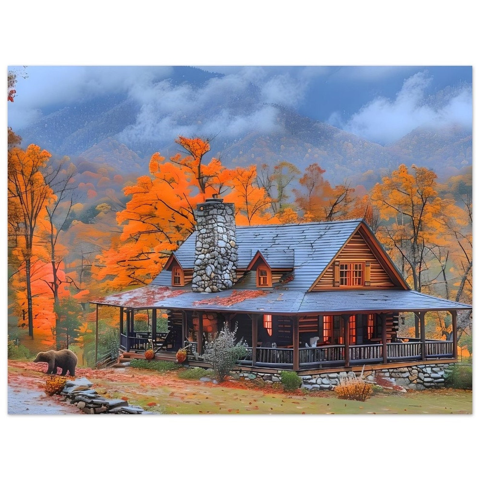 Cabin Chalet With Fall Trees in Mountains Poster Wall Art Cabin in the ...