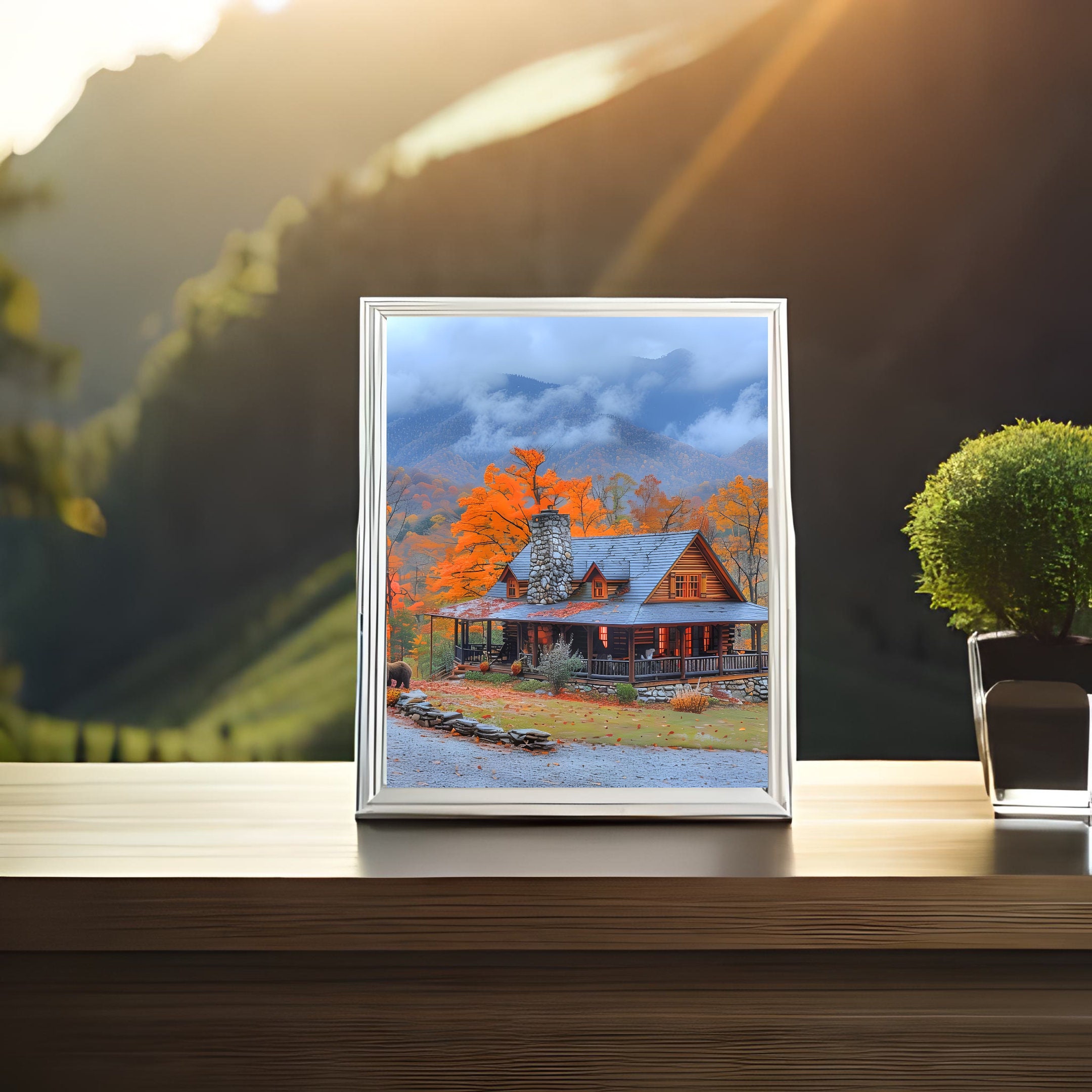 Cabin Chalet With Fall Trees in Mountains Poster Wall Art Cabin in the ...