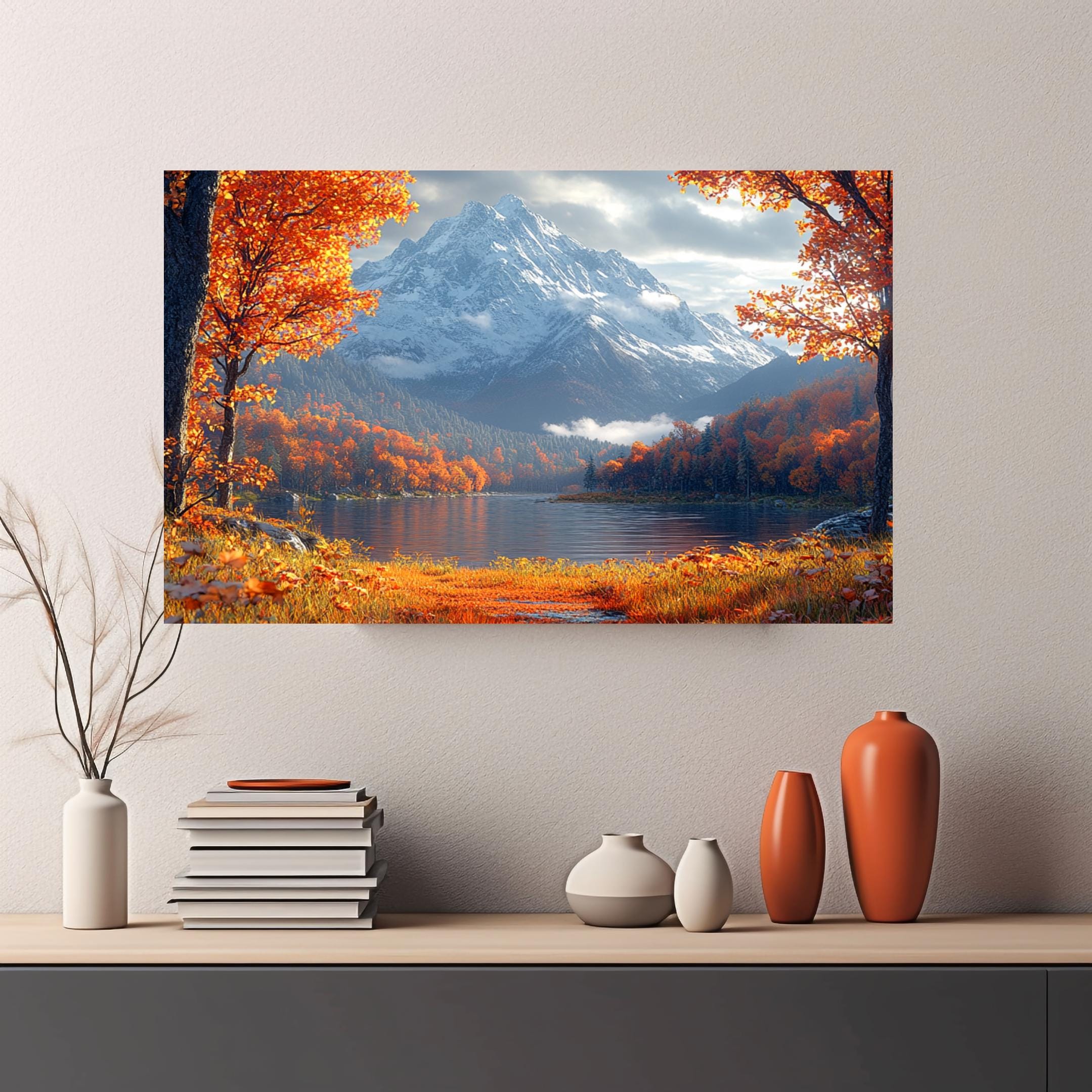 Snow Capped Mountain on Fall Trail Poster Wall Art Autumn Trees to Lake ...