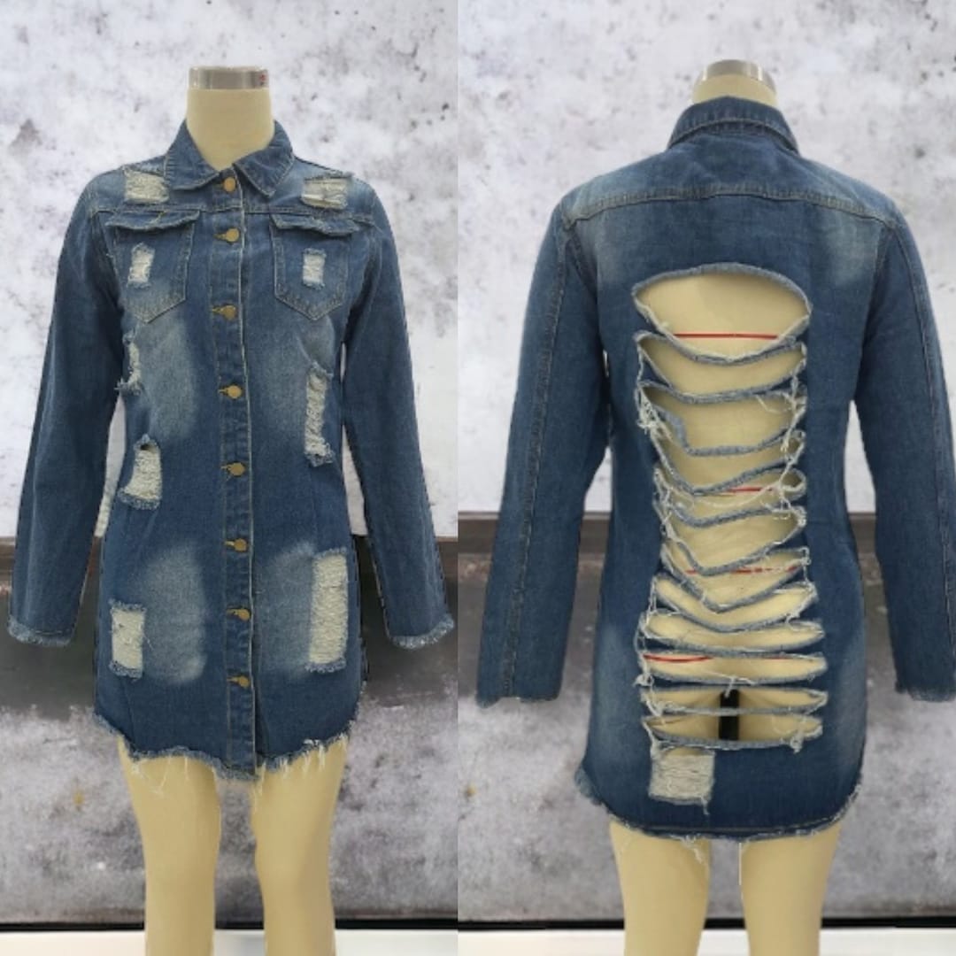 Blue Denim Long Jacket, Distressed Ripped Jeans Jacket-long Sleeve ...