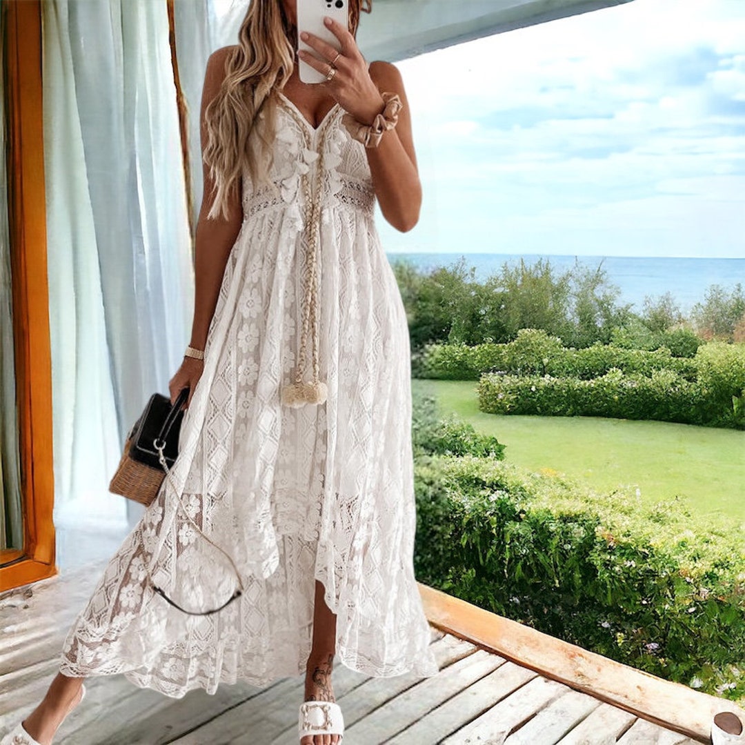 Vintage Lace Maxi Dress, Bohemian Beach Party Dress, Boho Off-shoulder ...