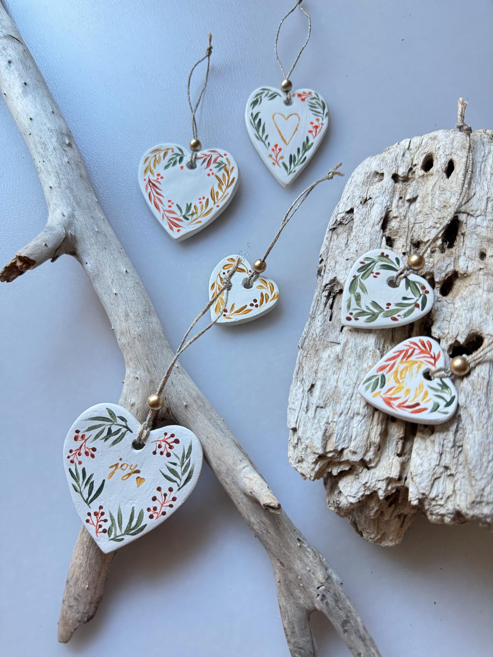 Handmade Floral Clay Heart Ornaments: Set of 2 Christmas Tree ...