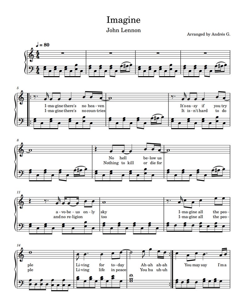 Imagine by John Lennon, Piano Music Sheet and Full Sheet Including Bass, Voice and Violins Lines ...