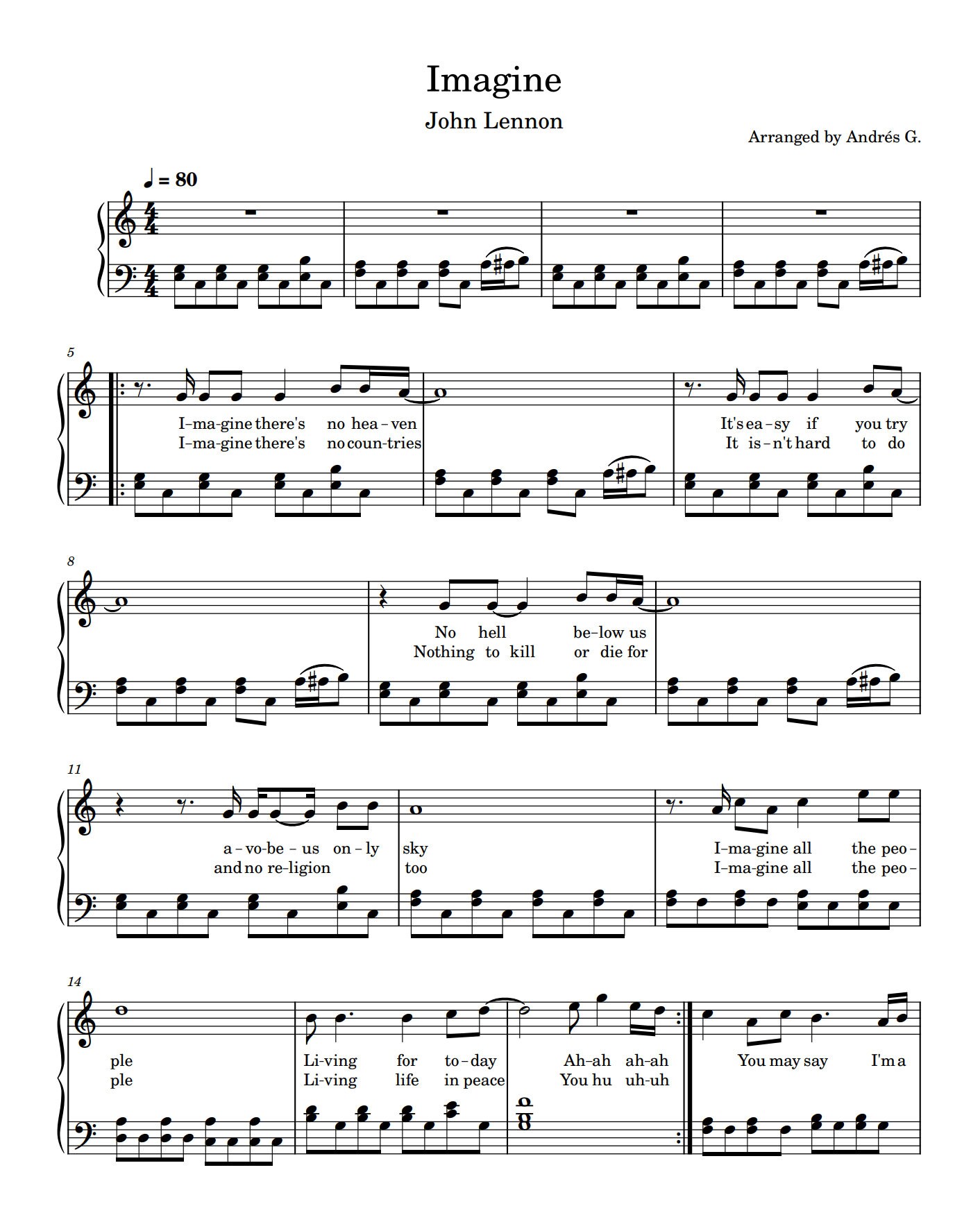 Imagine by John Lennon, Piano Music Sheet and Full Sheet Including Bass ...