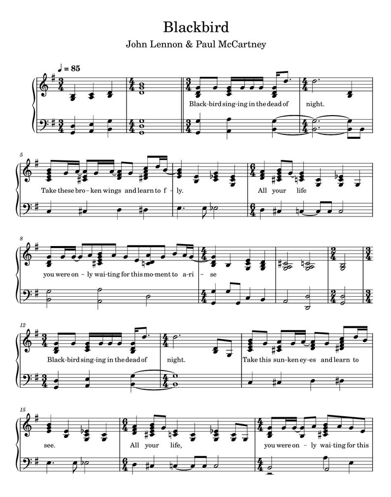 Blackbird, Digital Piano Music Sheet for Intermediate Levels, PDF ...