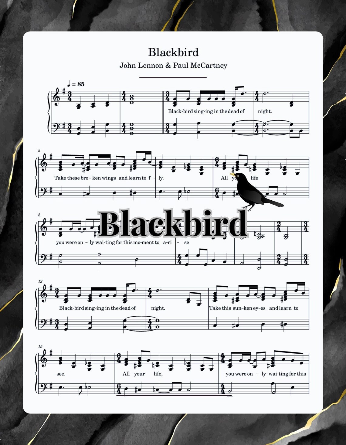Blackbird, Digital Piano Music Sheet for Intermediate Levels, PDF ...