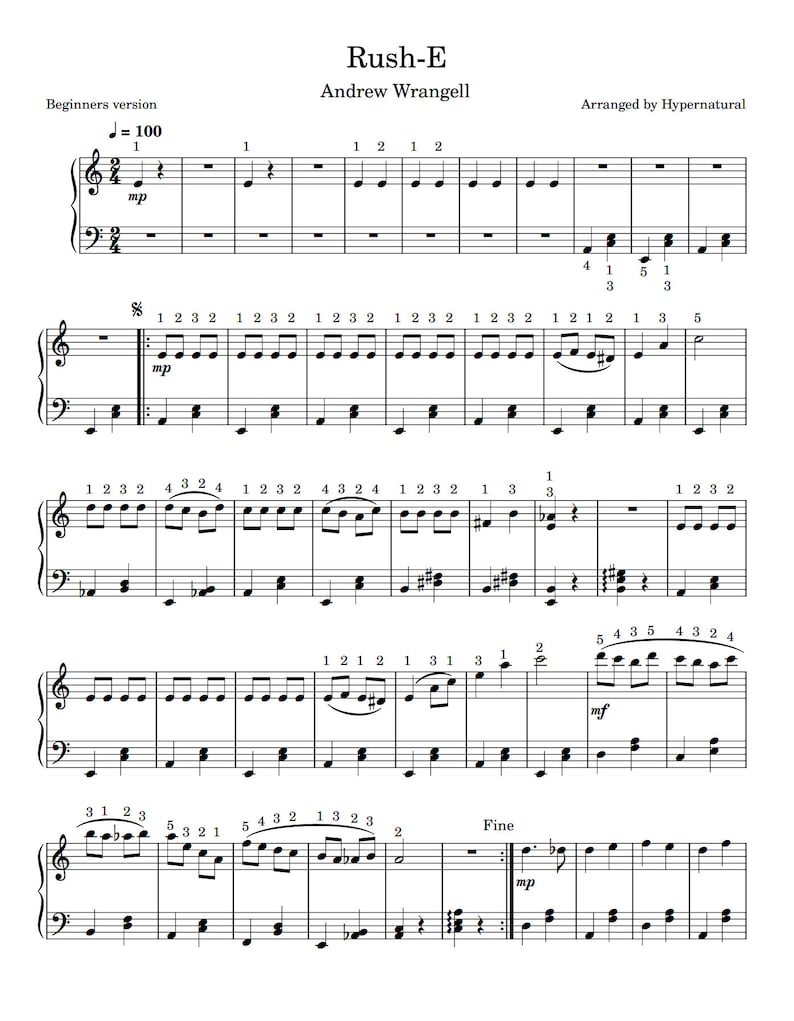 Rush-e Piano Sheet Music for Beginners (PDF & MIDI) - Etsy