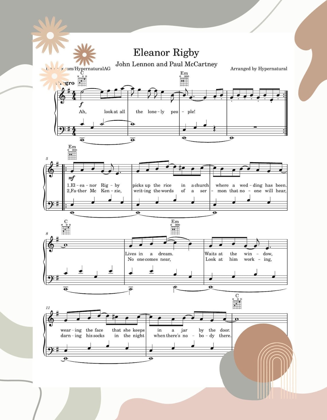 Eleanor Rigby, Printable Digital Easy Piano Music Sheet for All Levels ...