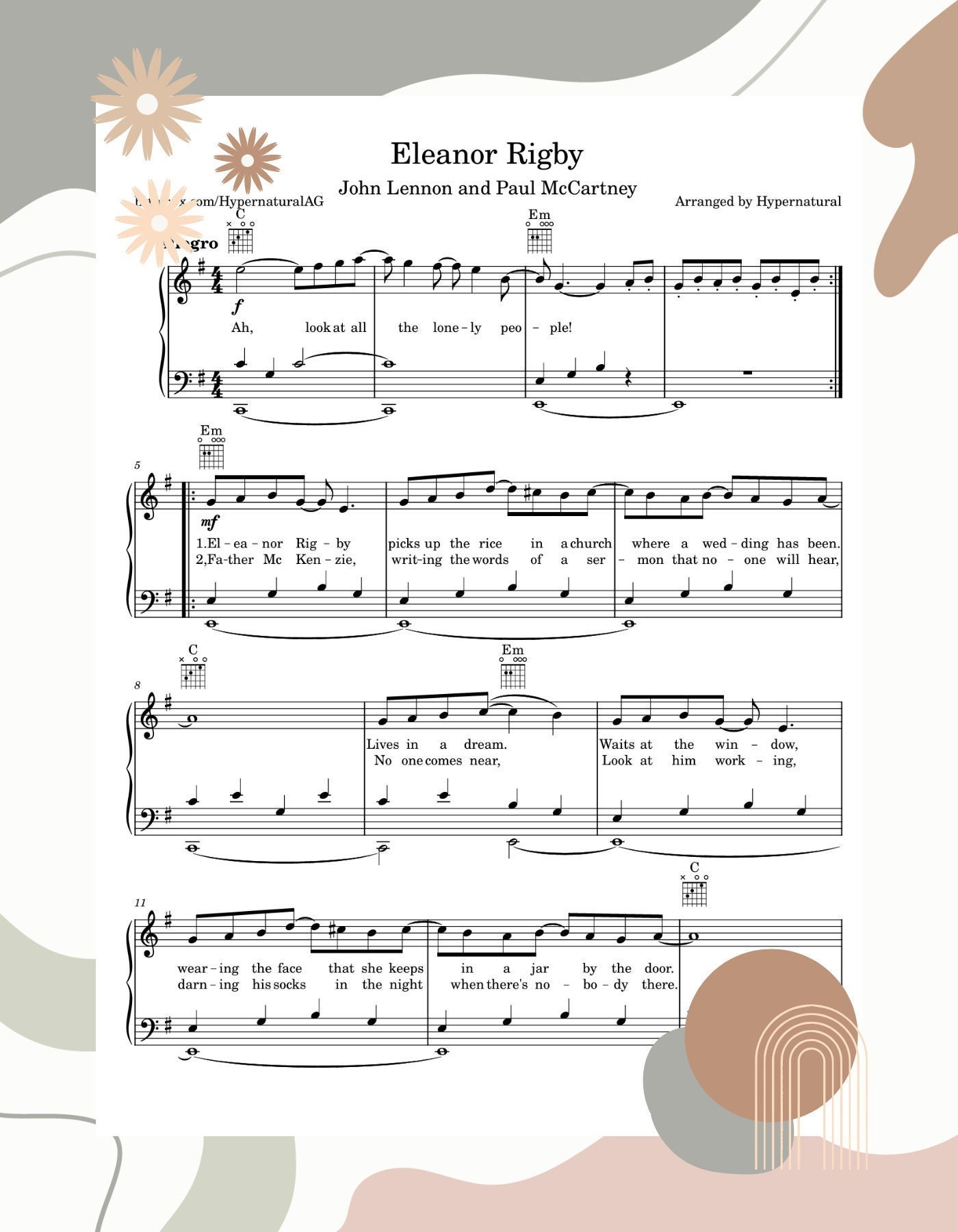 Eleanor Rigby, Printable Digital Easy Piano Music Sheet for All Levels ...